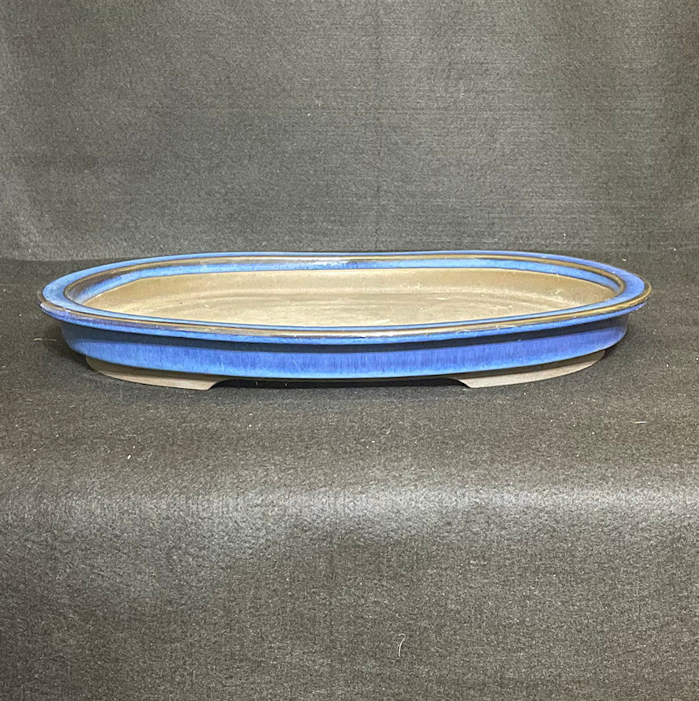 japanese oval blue glazed bonsai pot - 31 x 23 x 4cm - British Bonsai
